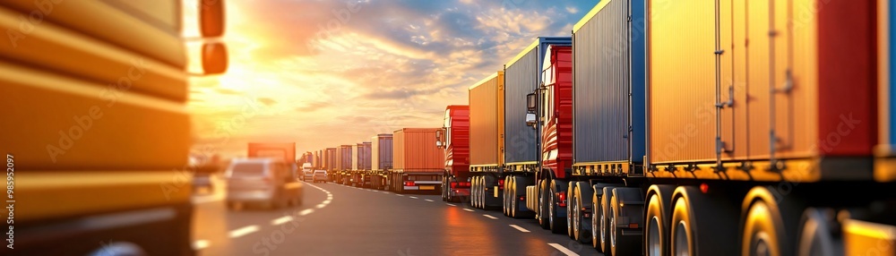 Colorful freight trucks lined up, showcasing transportation logistics ...