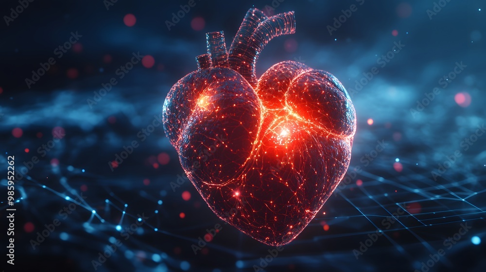 Anatomical 3D human heart with a glowing red core against a blue ...