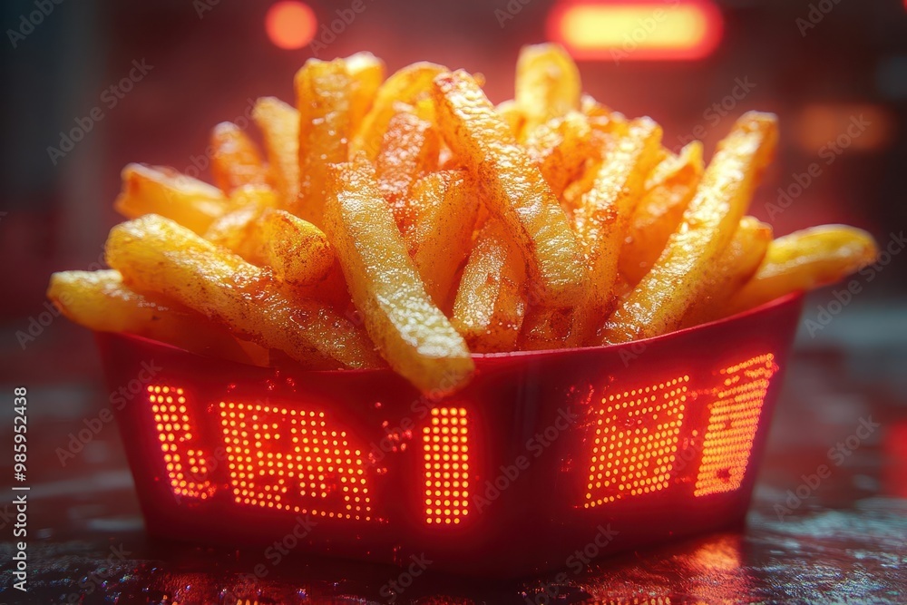 holographic french fries hovering over retrofuturistic food container ...
