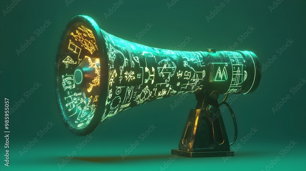 A visually captivating 3D showcases an enchanted megaphone covered with ...
