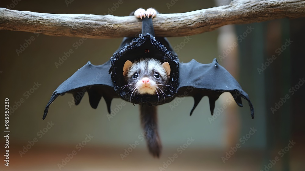 Adorable ferret dressed up in a bat costume hanging upside down from an ...