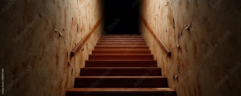 Abandoned, eerie staircase leading into darkness, with torn, haunted ...