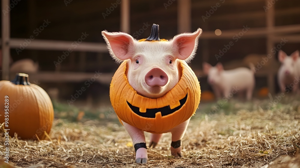Adorable pumpkin dressed pig ambling through a spooky atmospheric ...