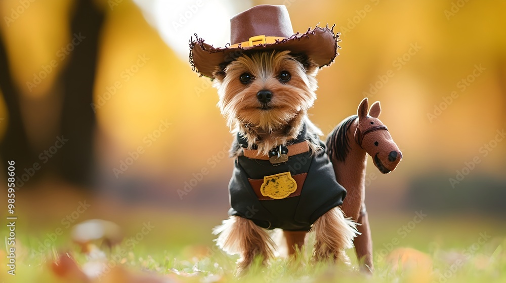 Adorable Yorkshire Terrier Dressed in Cowboy Outfit Riding a Miniature ...