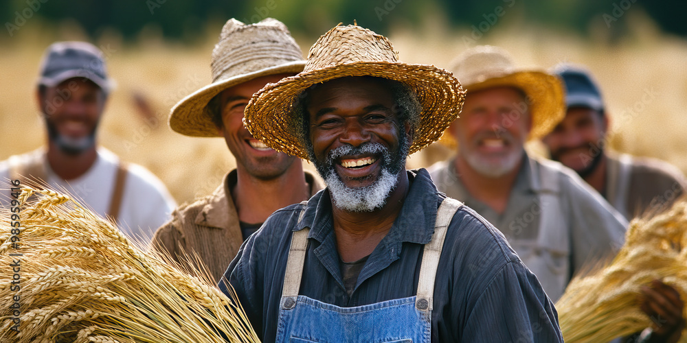Rural Harvest Celebration: A group of joyful farmworkers, dressed in ...