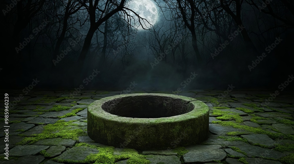 Creepy old well in a deserted courtyard, surrounded by moss-covered ...