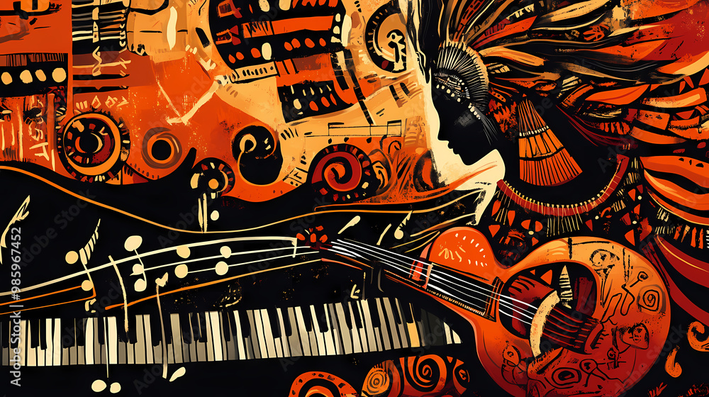 Tribal rhythms: music notes combined with tribal art and instruments in ...