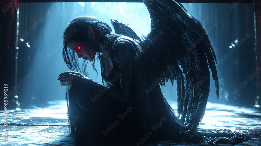 female fallen angel kneeling in a quiet cathedral with glowing red eyes ...