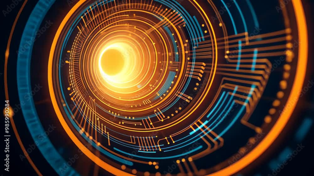 A vibrant abstract illustration showcases a glowing golden core ...