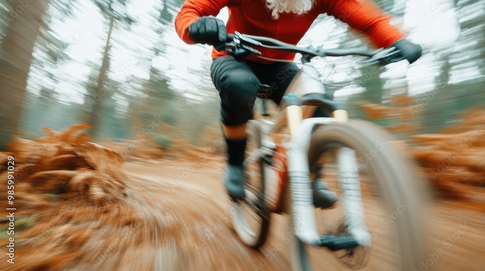 A cyclist wearing red attire rides a bike at high speed through a ...