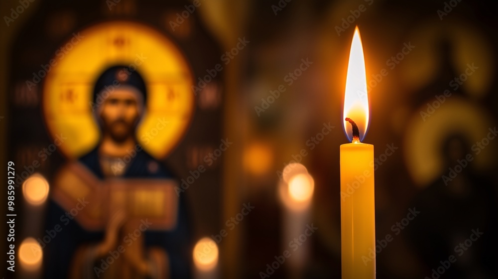 A single candle, lit in front of an icon of the revered Saint Mary and ...