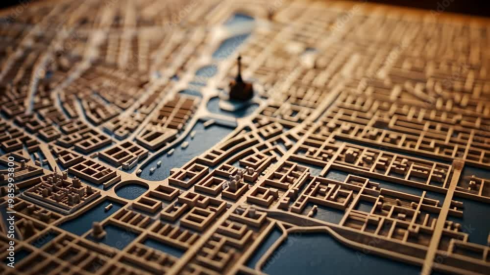 A detailed 3D city map model features intricate architecture and street ...
