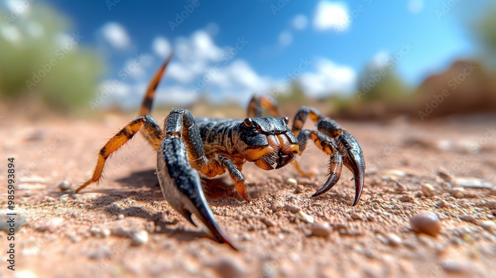 The scorpion is seen in a close-up view with its claws raised, ready to ...