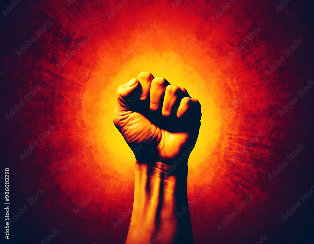 Clenched fist raised against a red and orange background. Strength and ...