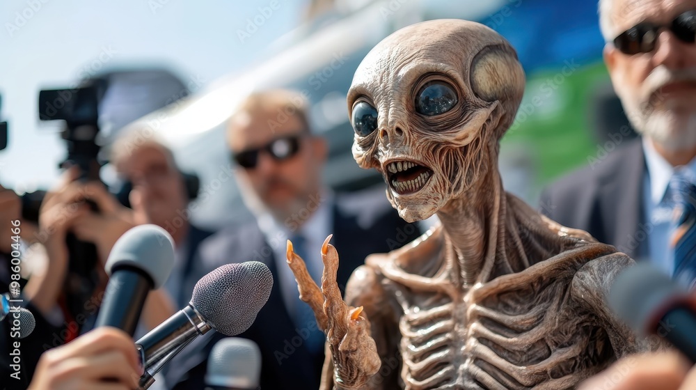 A skeletal alien figure captivates attention as it raises its hand ...