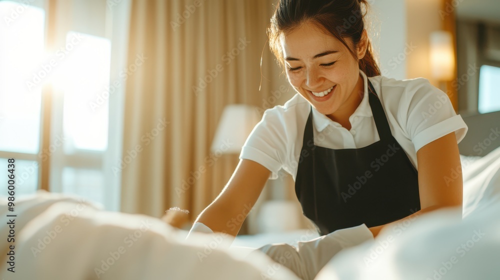 Hotel staff member in uniform, focused on arranging a bed in a bright ...