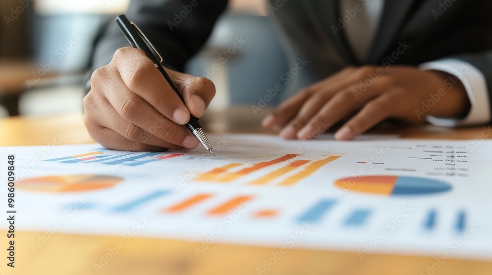 A close-up of a business owner reviewing a social impact report, with ...