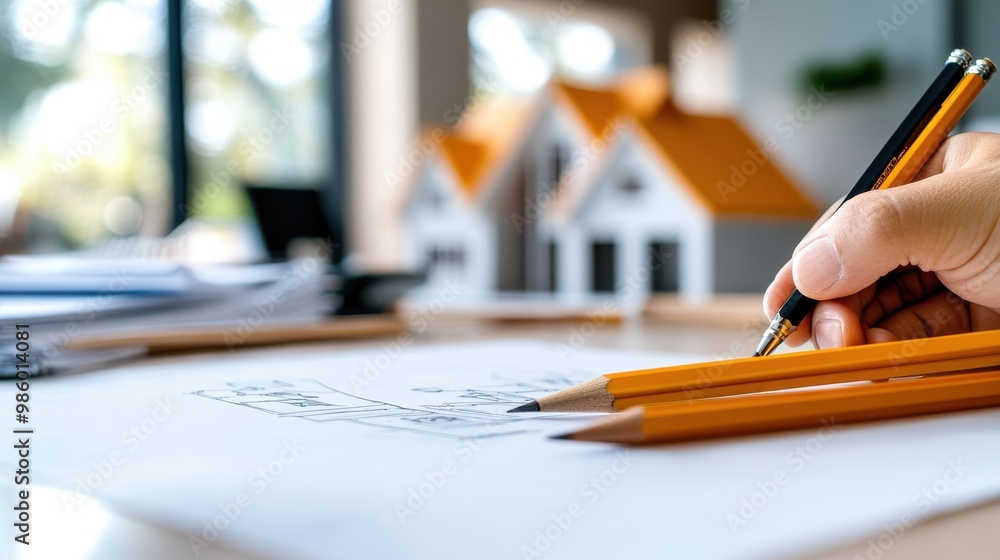 The image shows an architect’s hand sketching a house design with ...