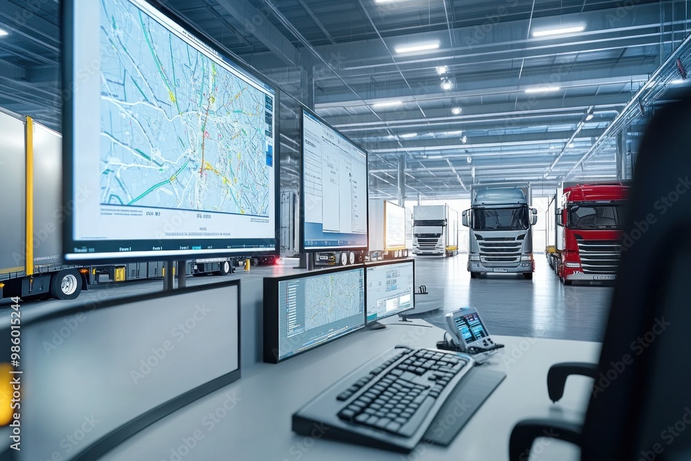 A modern logistics control center with real-time TMS software ...