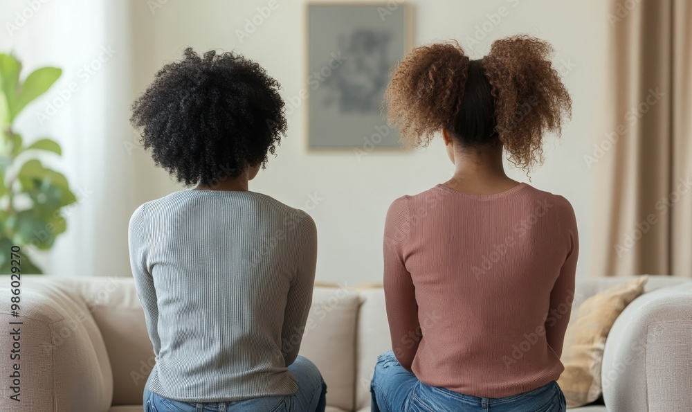 Girl sit separate from friend sibling turn back on sofa avoid talk ...