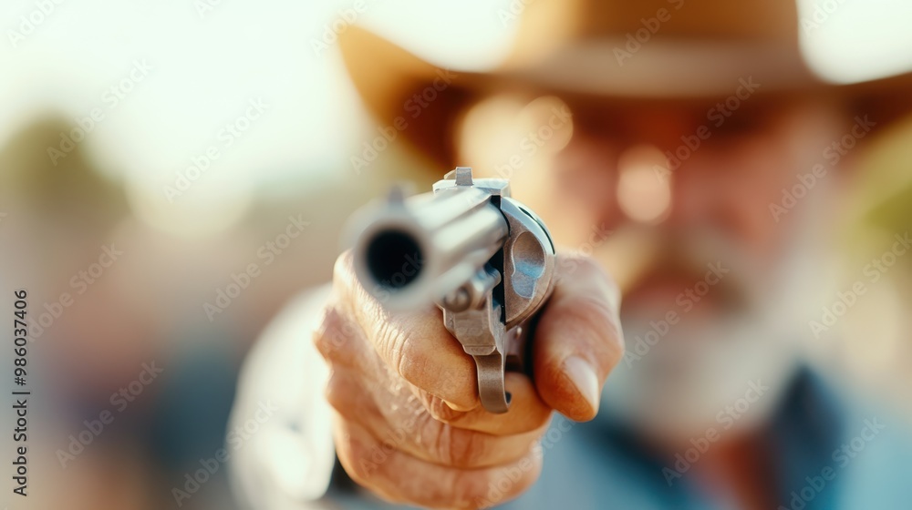 A person is captured in the moment of aiming a revolver straight at the ...