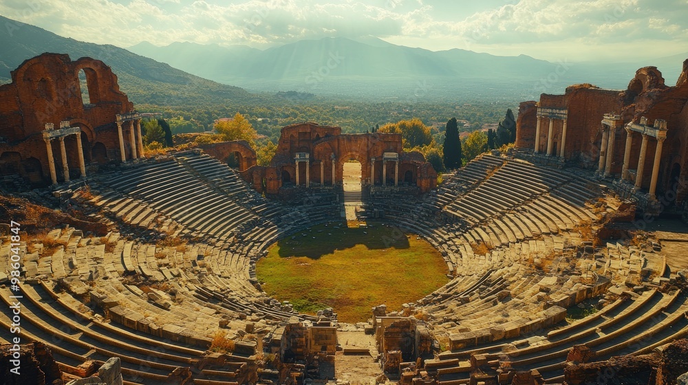 A historic amphitheatre surrounded by ancient ruins, with broken ...