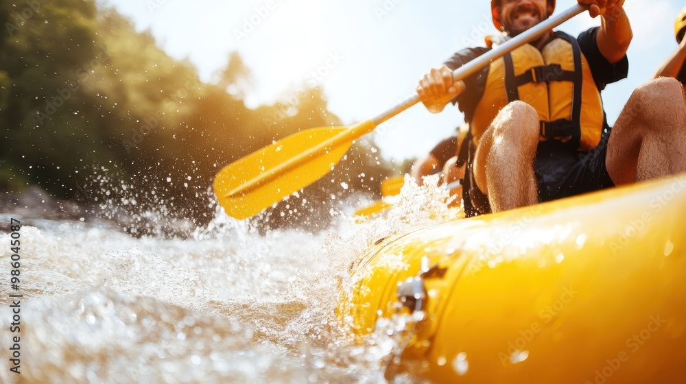Exciting whitewater rafting adventure captured mid-action with paddlers ...
