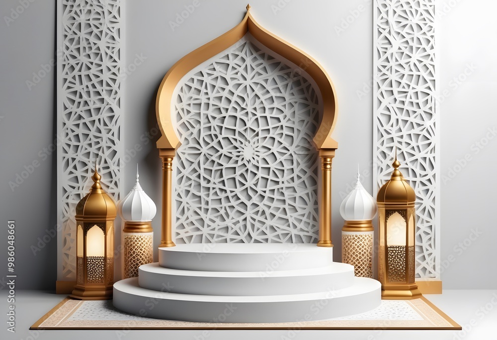 Realistic Islamic product display podium with mosque gate and golden ...