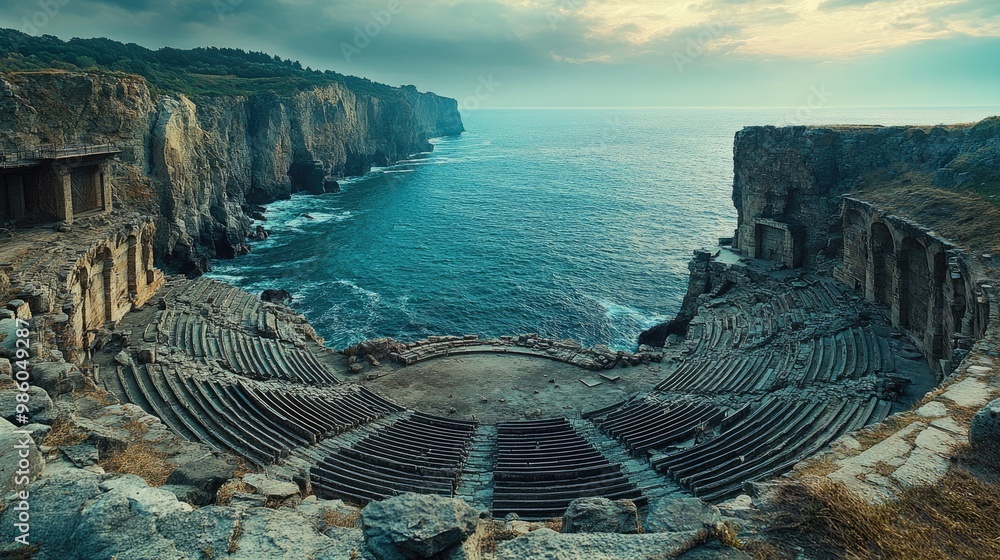 A panoramic view of an amphitheatre located on a cliffside, with the ...
