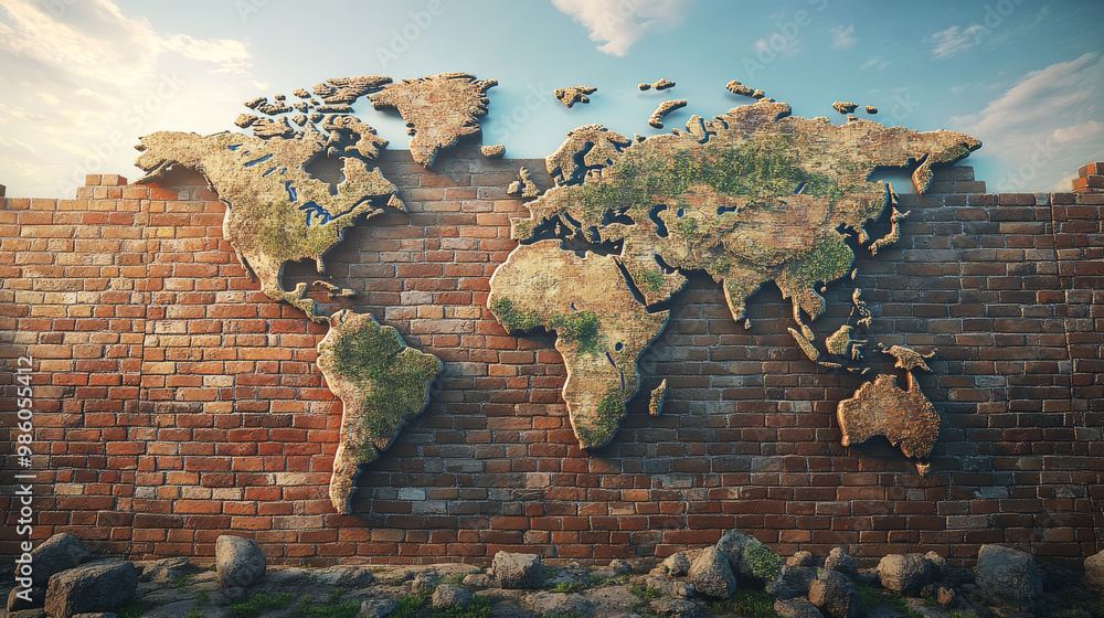 world map made of textured materials is displayed on tall brick wall ...