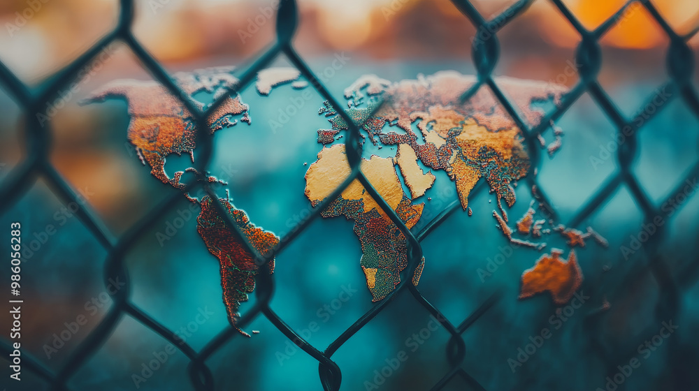 world map is depicted on fence, symbolizing barriers and divisions ...