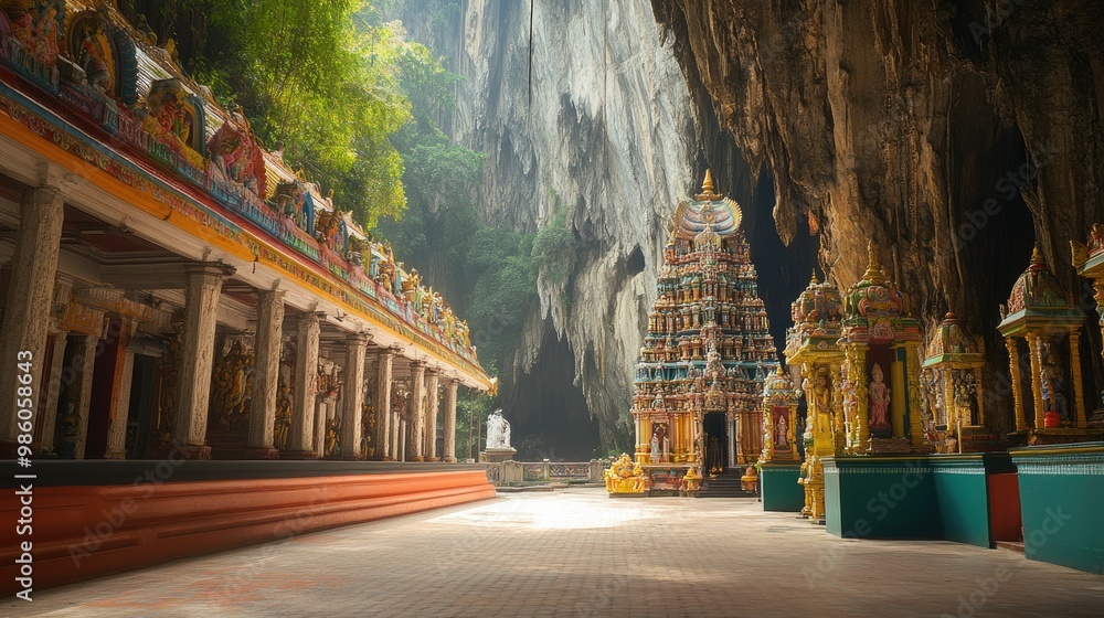 Majestic limestone caves inside Batu Caves with empty shrines, the ...