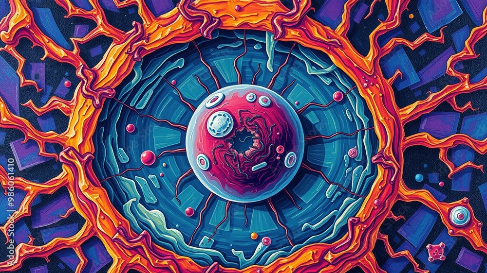 A stylized illustration depicts a cellular structure with a prominent ...