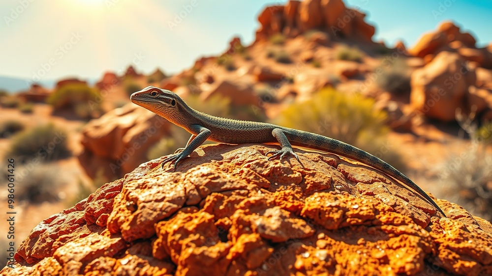 A sun-warmed rock outcropping in a dry, scrubby landscape is home to a ...