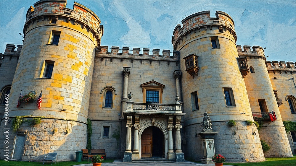 A worn, stone-walled castle facade with towers, battlements, and a ...
