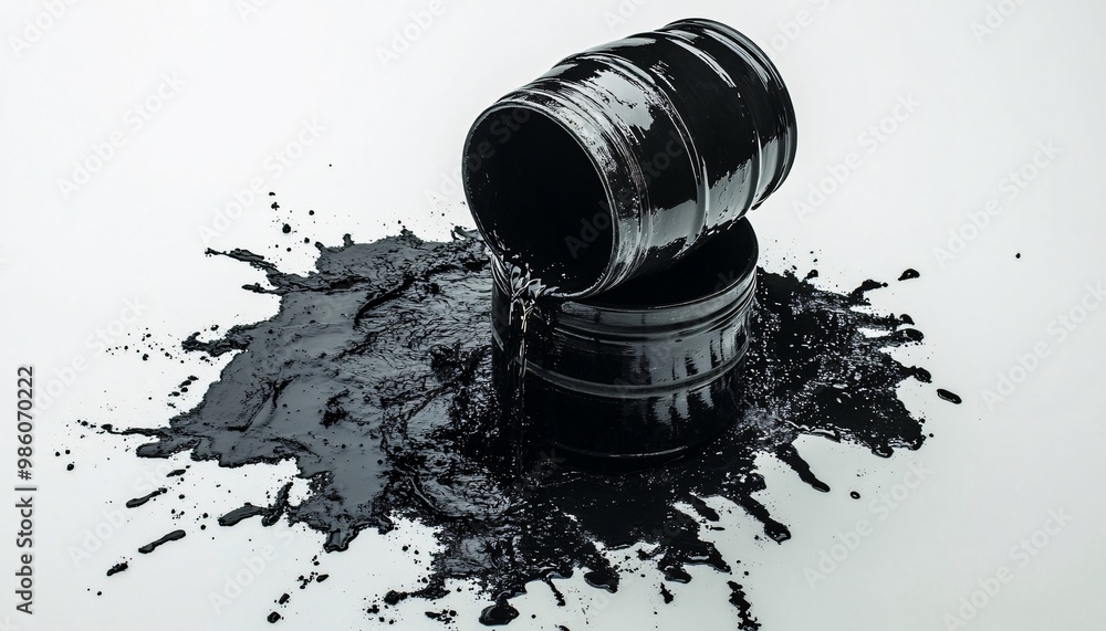 An oil barrel spilling black oil across a barren field highlights the ...