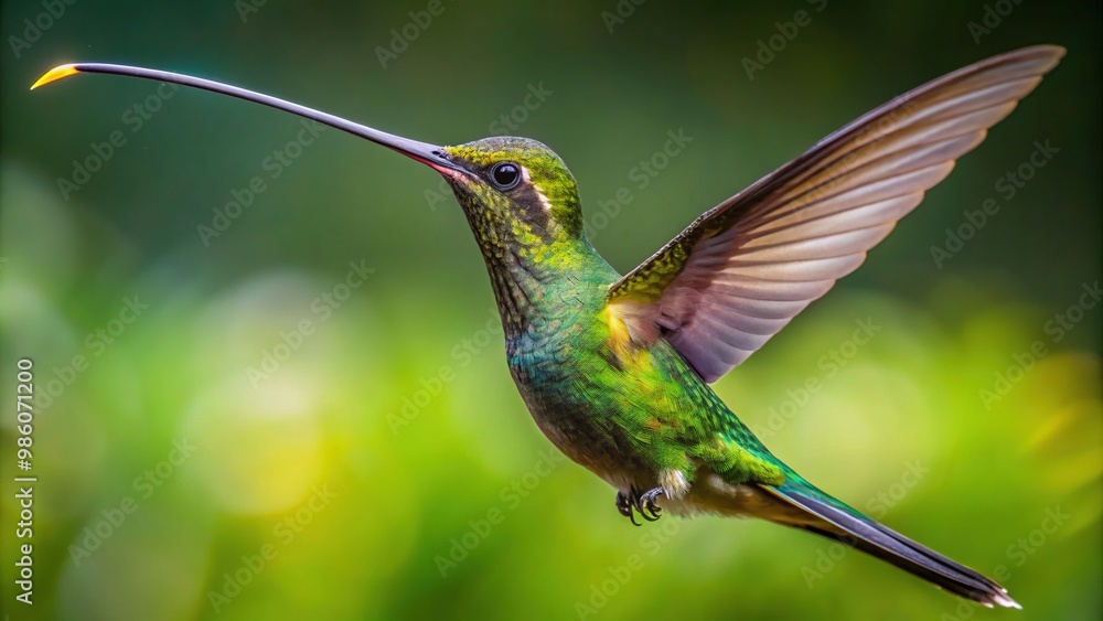 Sharp, iridescent feathers glisten in the sun as the sword-billed ...