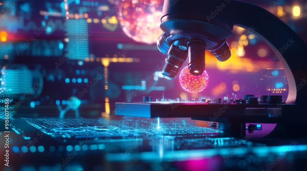 Futuristic Genetic Analysis: Illuminated Microscope in High-Tech Lab ...