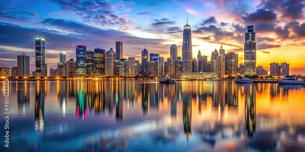The iconic city skyline at twilight shimmers with lighted skyscrapers ...