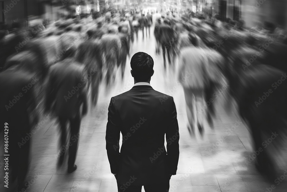 An individual standing against the crowd. Social isolation and personal ...