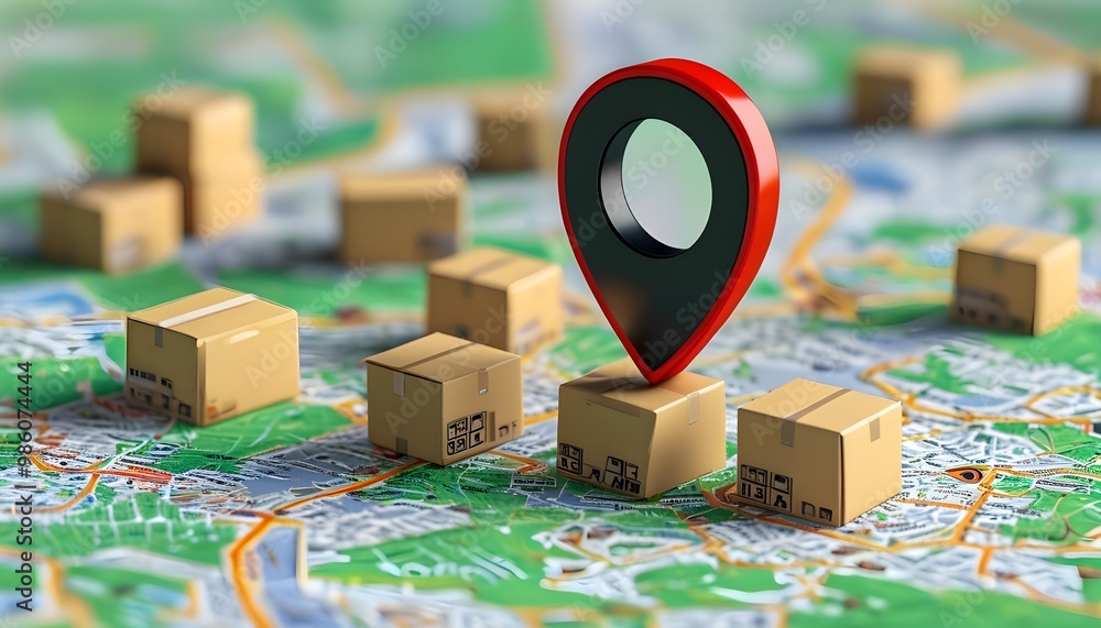 3D geolocation icon representing parcel tracking on a map, illustrating ...