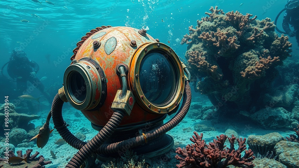 Underwater, a vintage-style diving helmet with an air hose and weighted ...