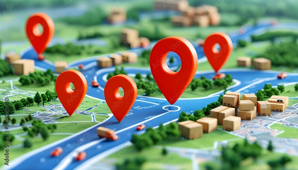 3D geolocation icon representing parcel tracking on a map, illustrating ...