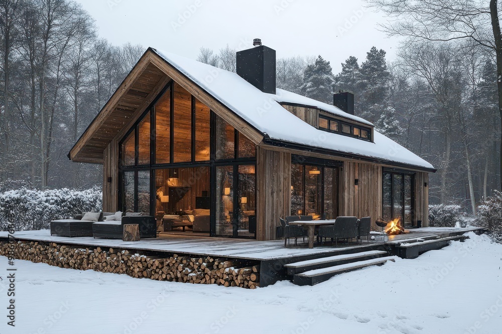 scandinavian winter home exterior snowcovered yard cozy firewood stack ...