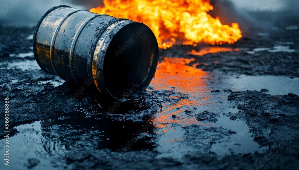Oil barrel toppling with black oil spilling onto the ground ...
