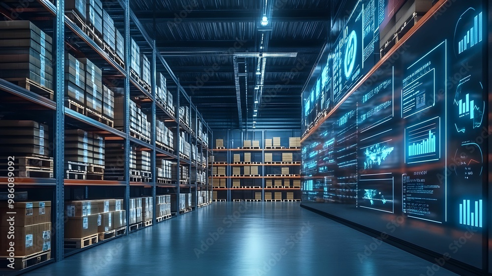 An expansive warehouse interior illuminated with high-tech digital ...