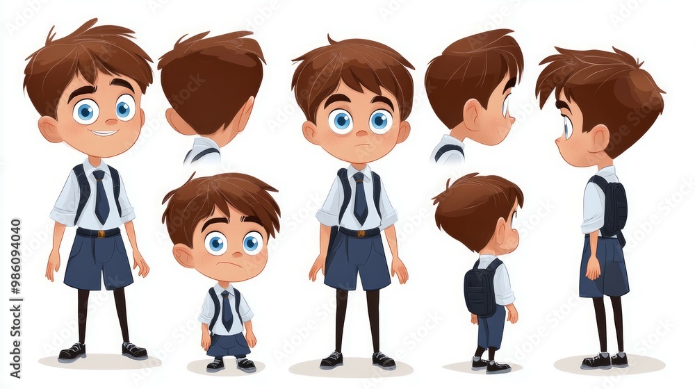 cartoon, brown haired boy, 5 years old, blue eyes, blue school uniform ...