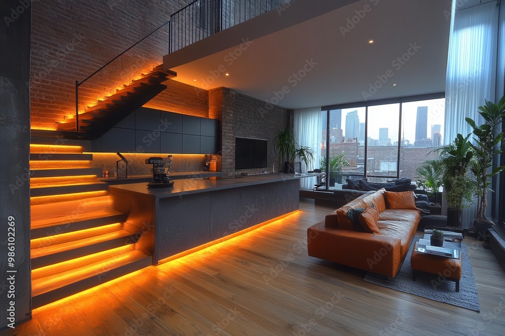sophisticated urban loft with striking dark kitchen as focal point ...