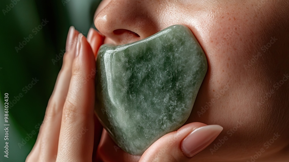 A close-up of a hand using a natural gua sha stone on the face ...