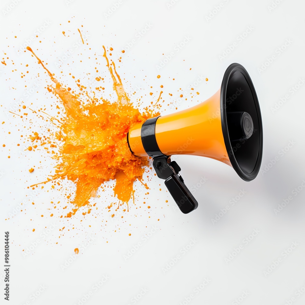 Orange megaphone with paint splash on white background, conceptual ...